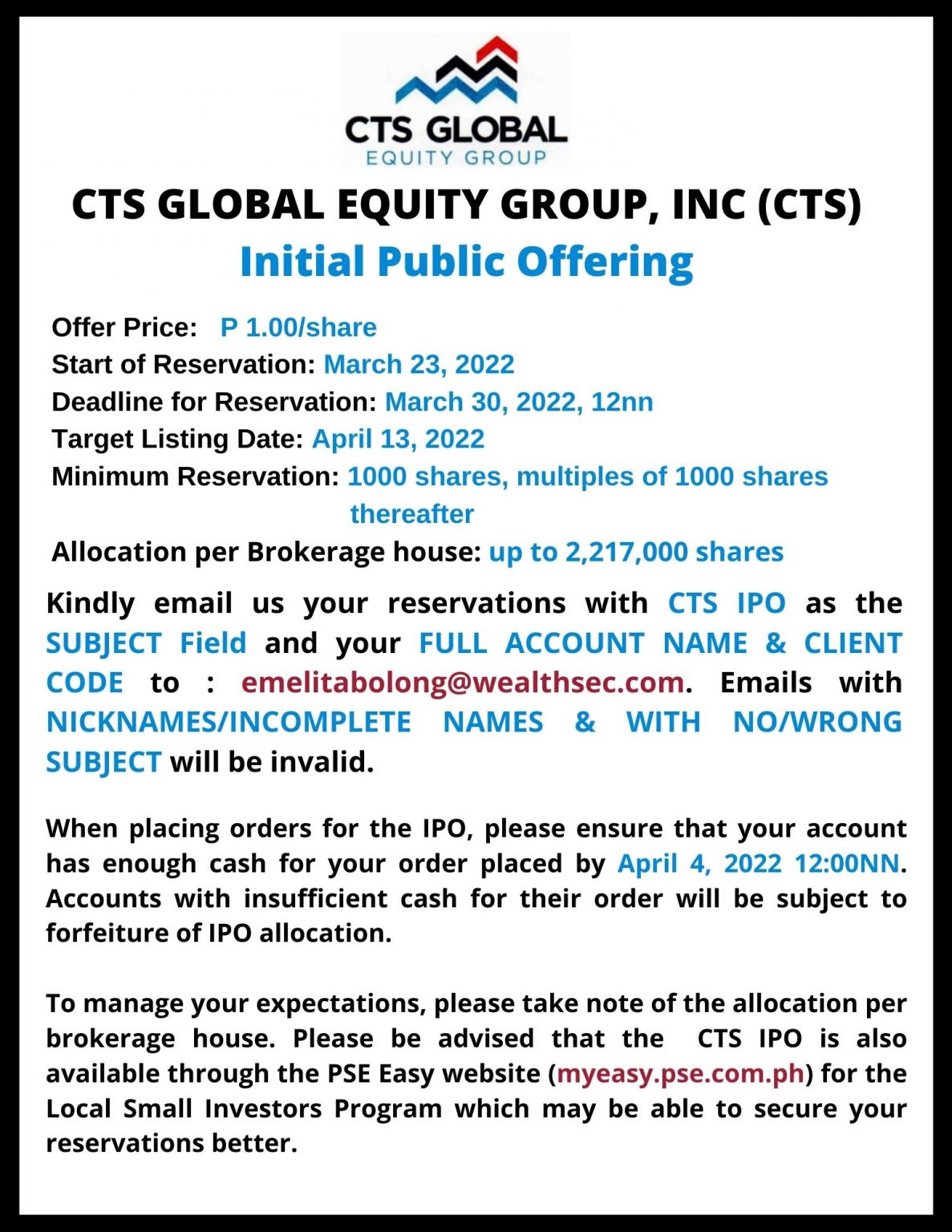 CTS GLOBAL EQUITY GROUP, INC (CTS) IPO – Wealth Securities Inc.