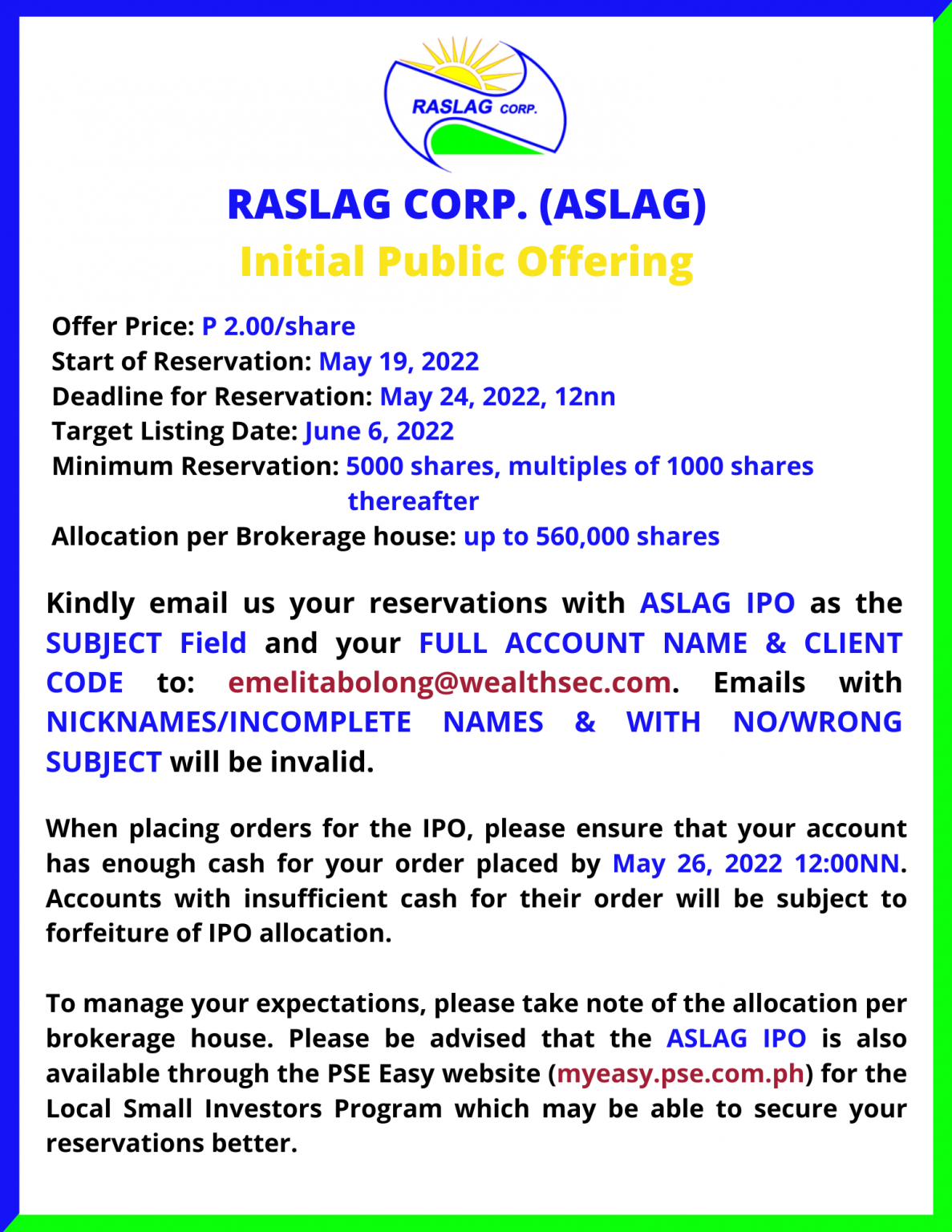 RASLAG CORP. (ASLAG) Initial Public Offering – Wealth Securities Inc.